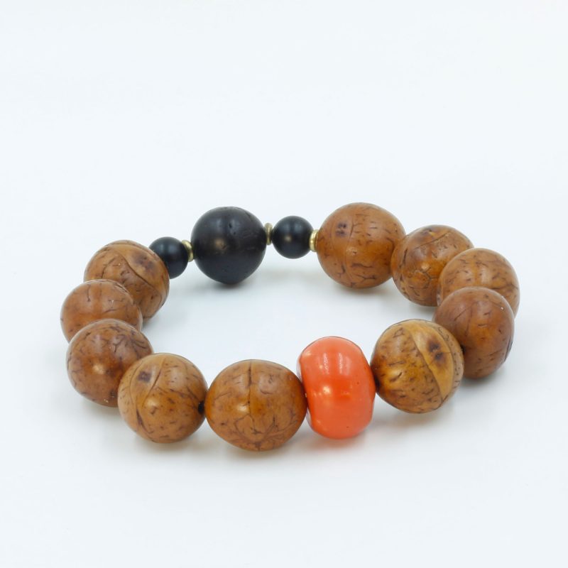 Antique Light Brown Phoenix Eye Bodhi Seed Wrist Mala with Coral Bead ...